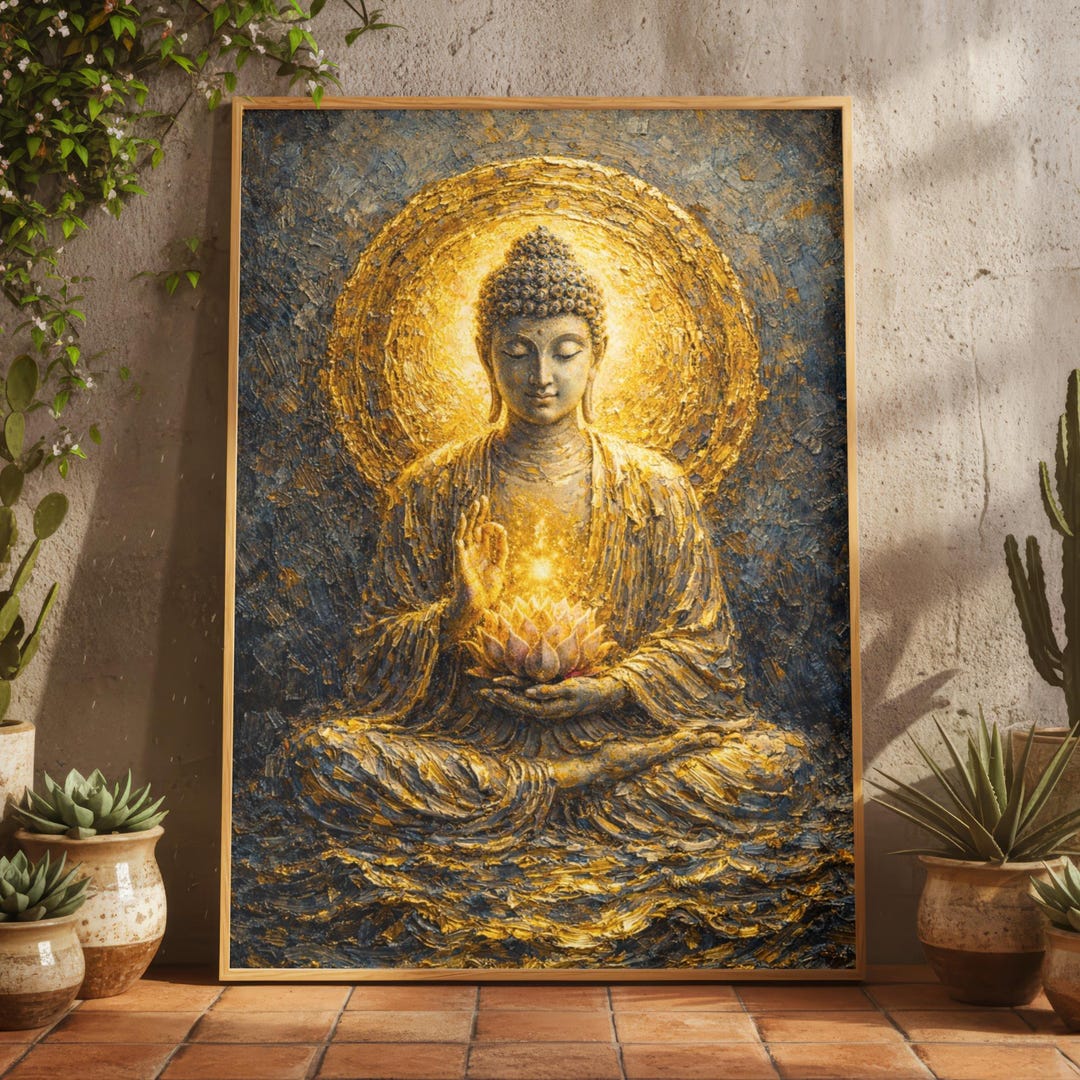 Golden Buddha Lotus Flower Oil Painting Wall Art, Boho Spiritual ...