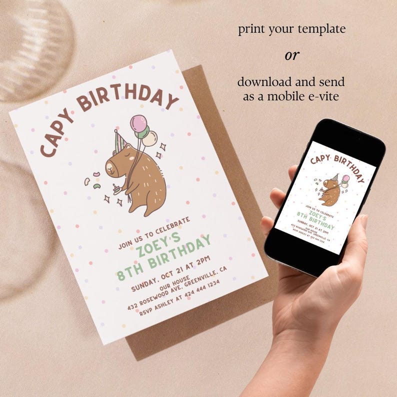 Capybara Birthday Invitation Template, Capy Birthday Canva Editable ...