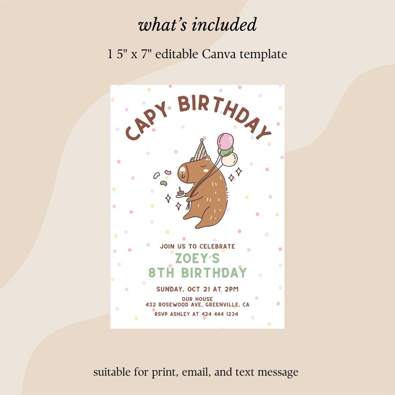 Capybara Birthday Invitation Template, Capy Birthday Canva Editable ...