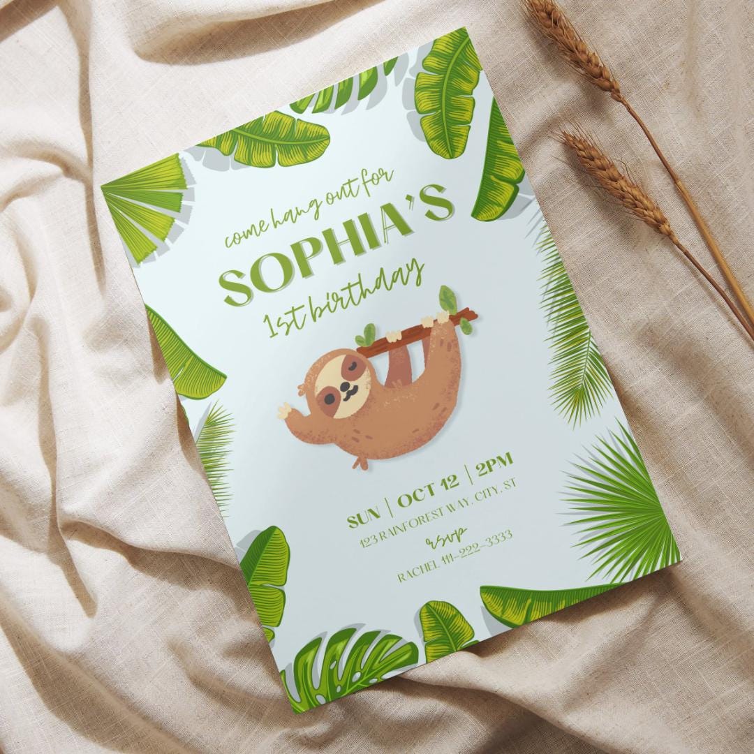 Cute Sloth Birthday Invitation Sloth 1st Bday Printable Invite First ...