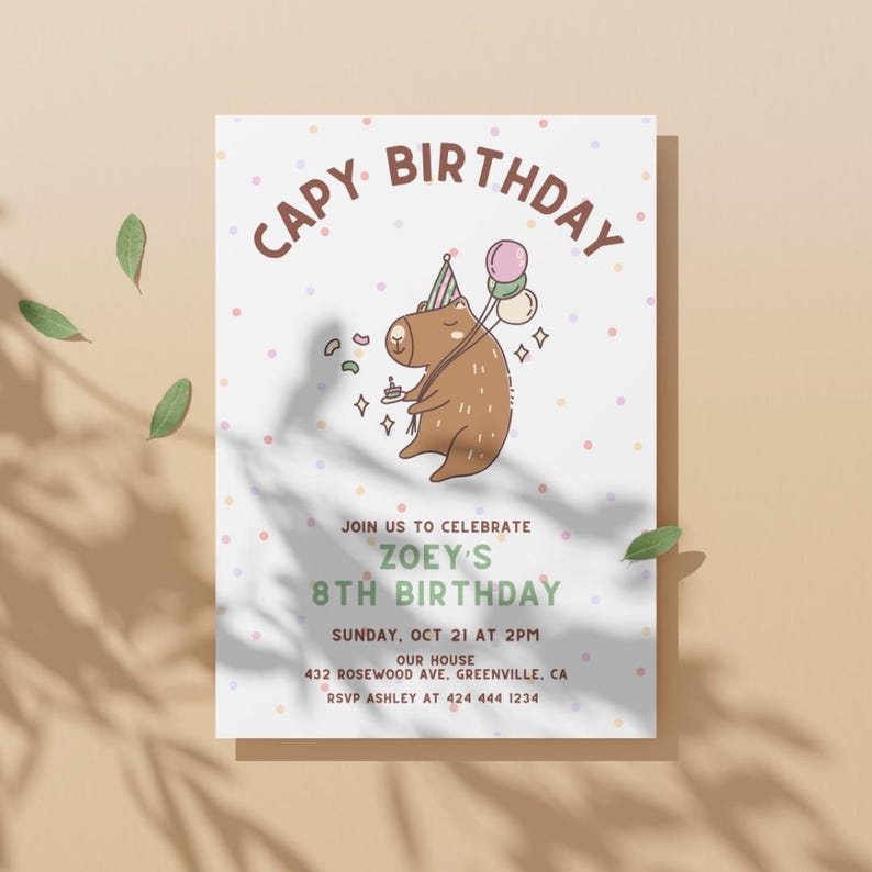 Capybara Birthday Invitation Template, Capy Birthday Canva Editable ...