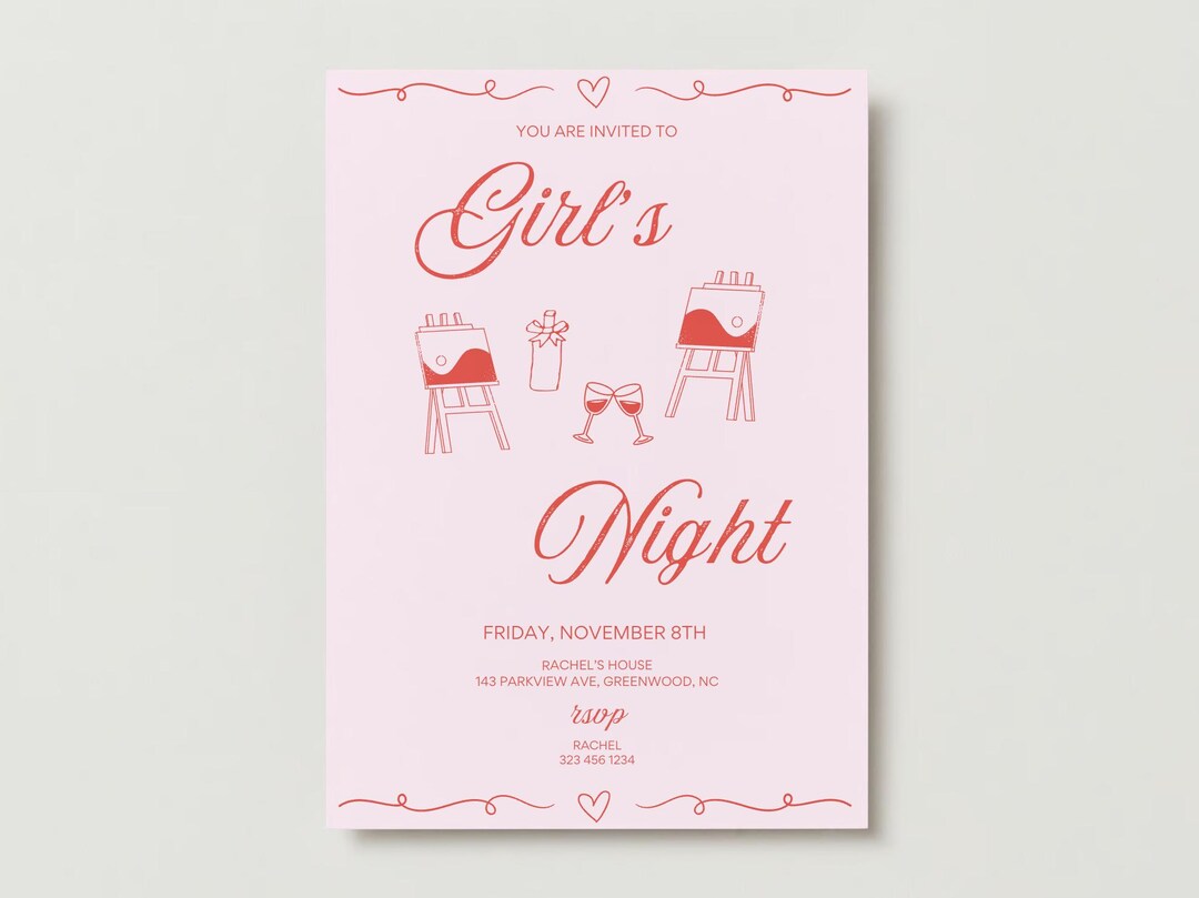 Girl's Night Paint and Sip Craft Art Night Party Invitation Coquette ...
