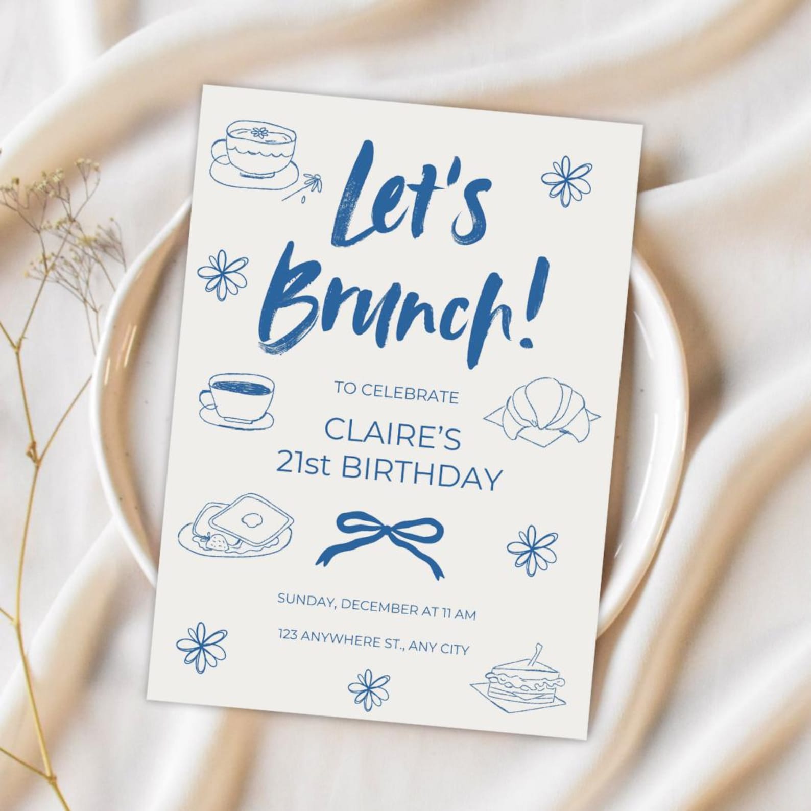 Let's Brunch Trendy Hand-drawn Doodle Invite Template Coffee Mimosa ...