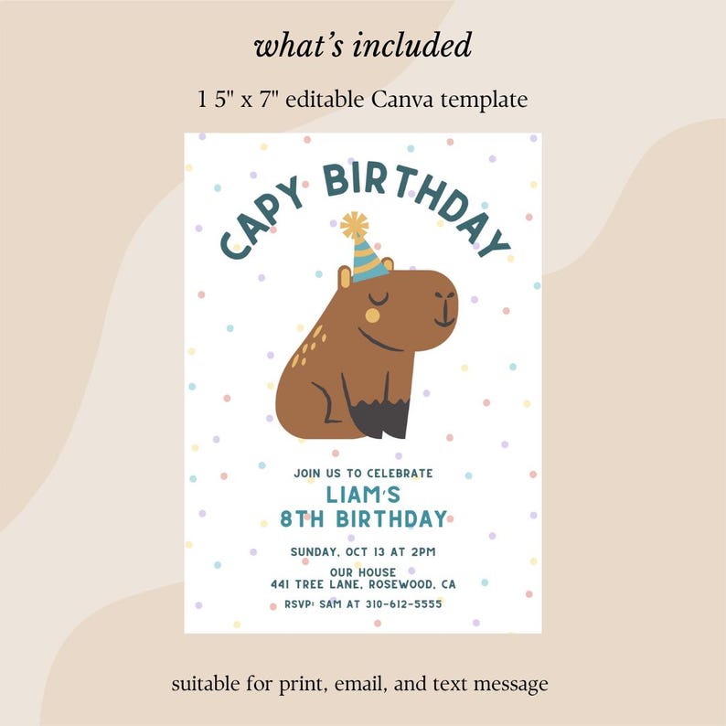 Capybara Birthday Invitation Template, Capy Birthday Canva Editable Template, Printable Digital ...