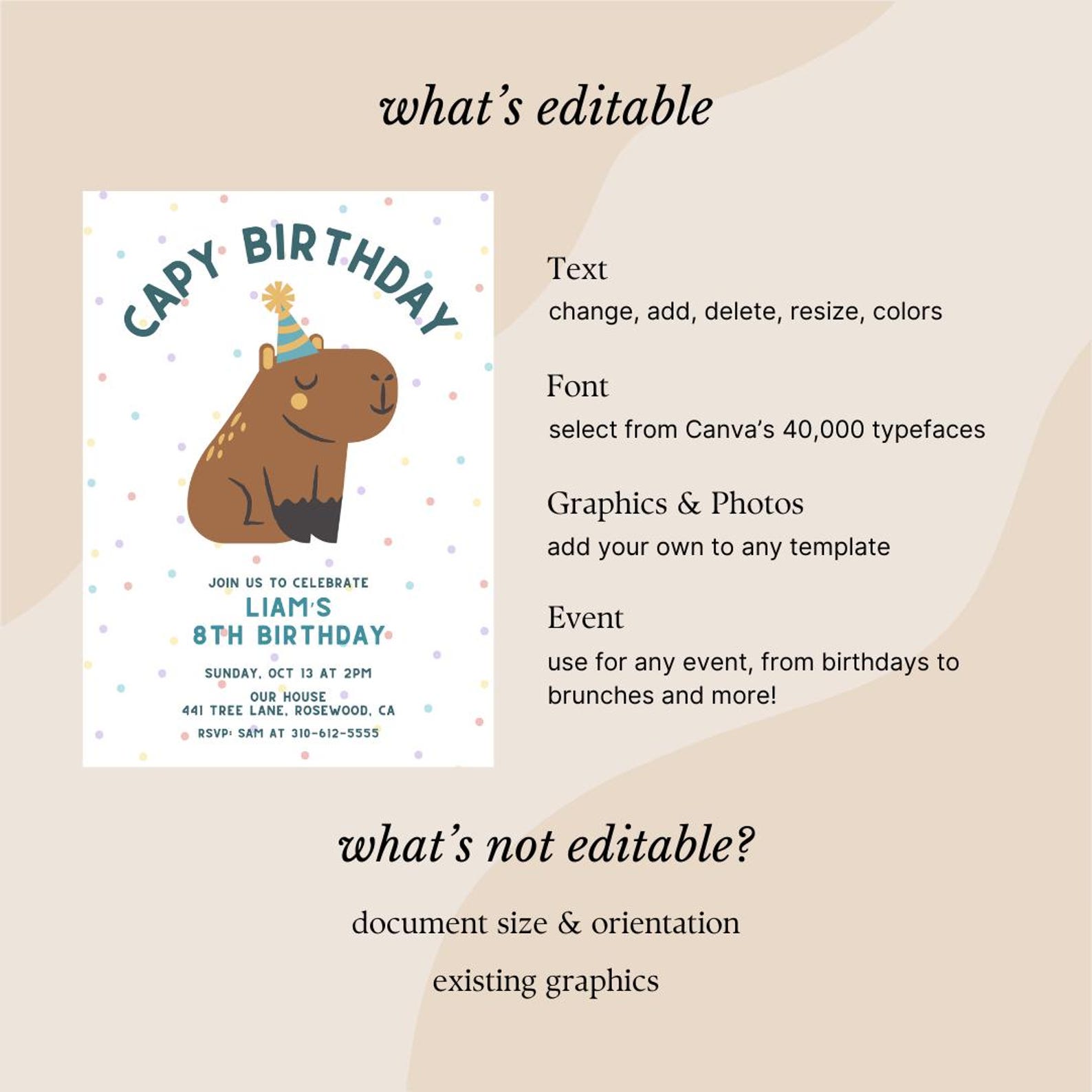 Capybara Birthday Invitation Template: Kids Party Theme (canva Editable ...