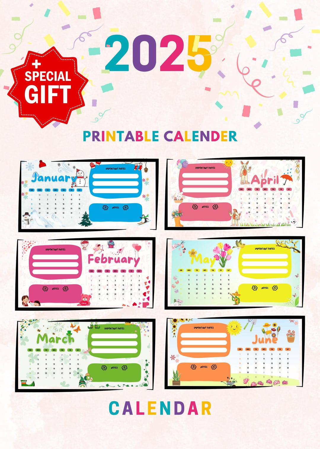 Printbable Kids Calender 2025, Wall Calender PDF, JPG, Children's ...