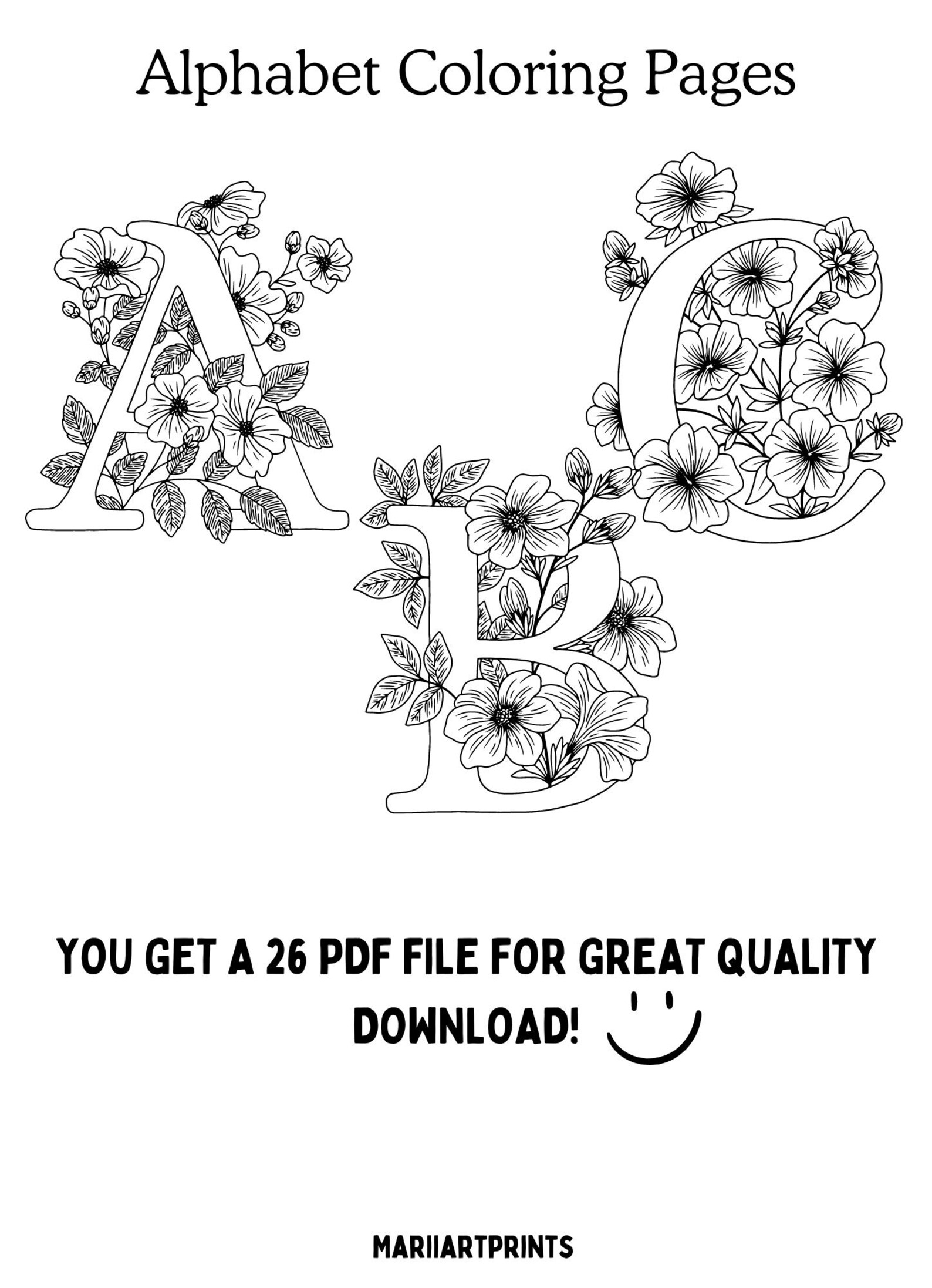 Flower Themed Alphabet Coloring Pages - Etsy