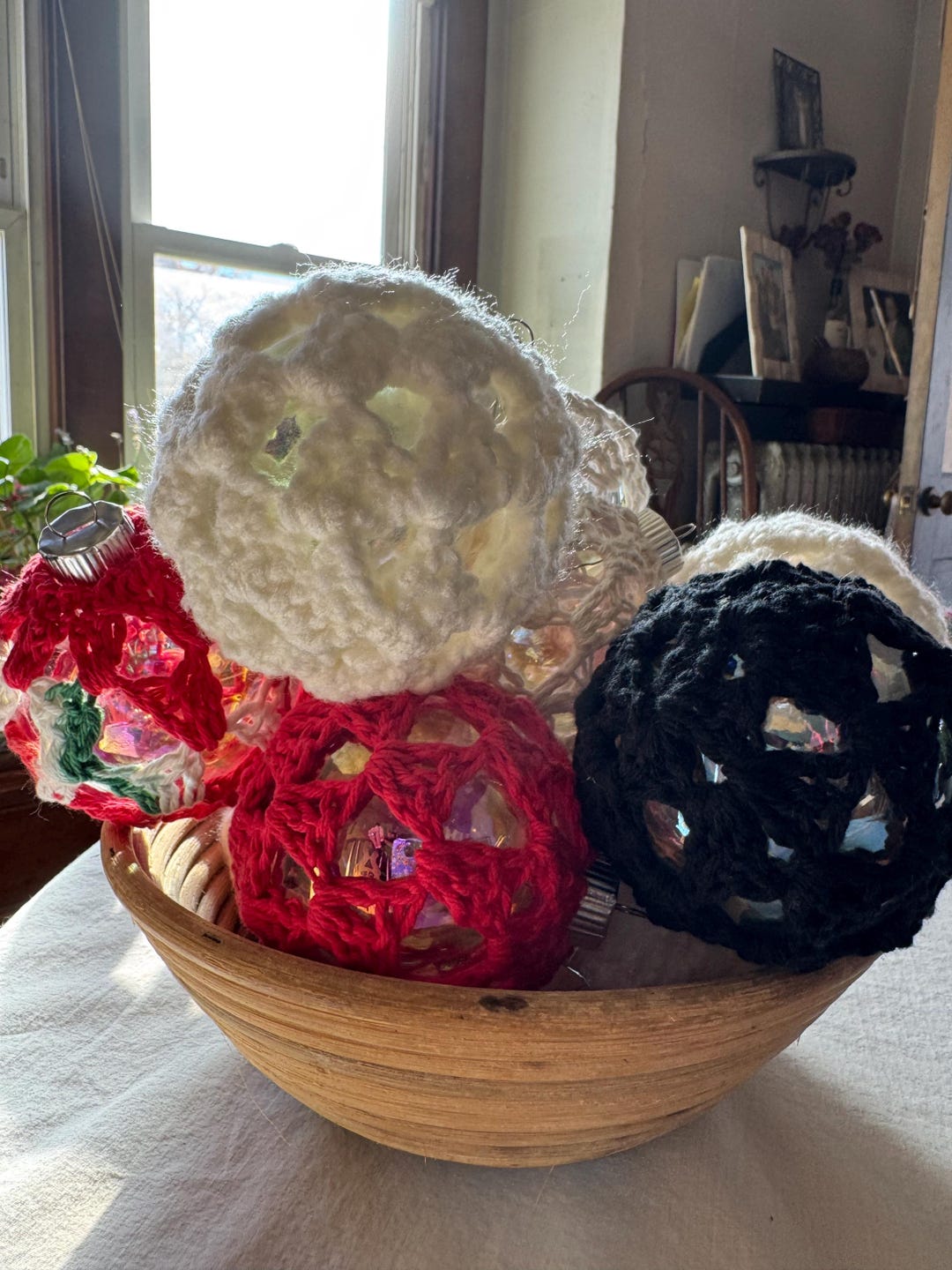 Granny Square Crochet Christmas Baubles - Over Iridescent Plastic Bulbs ...