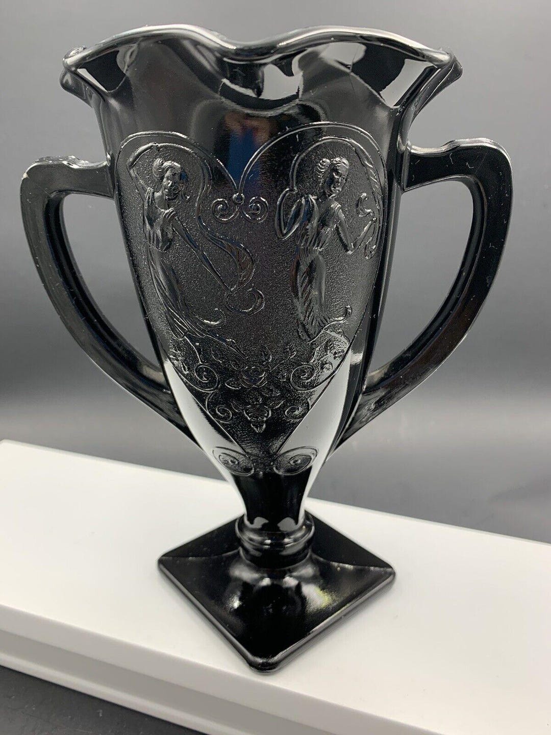 Vintage L. E. Smith Black Amethyst Glass Trophy Vase, Dancing Nymphs ...