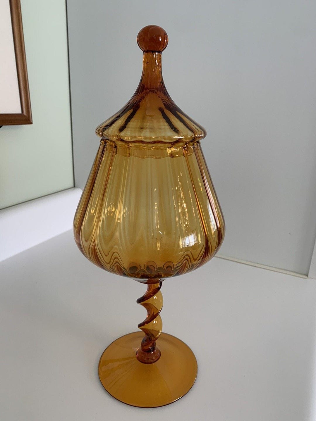 Vintage MCM Empoli Amber Circus Tent Candy Dish With Twisted Stem & Lid ...