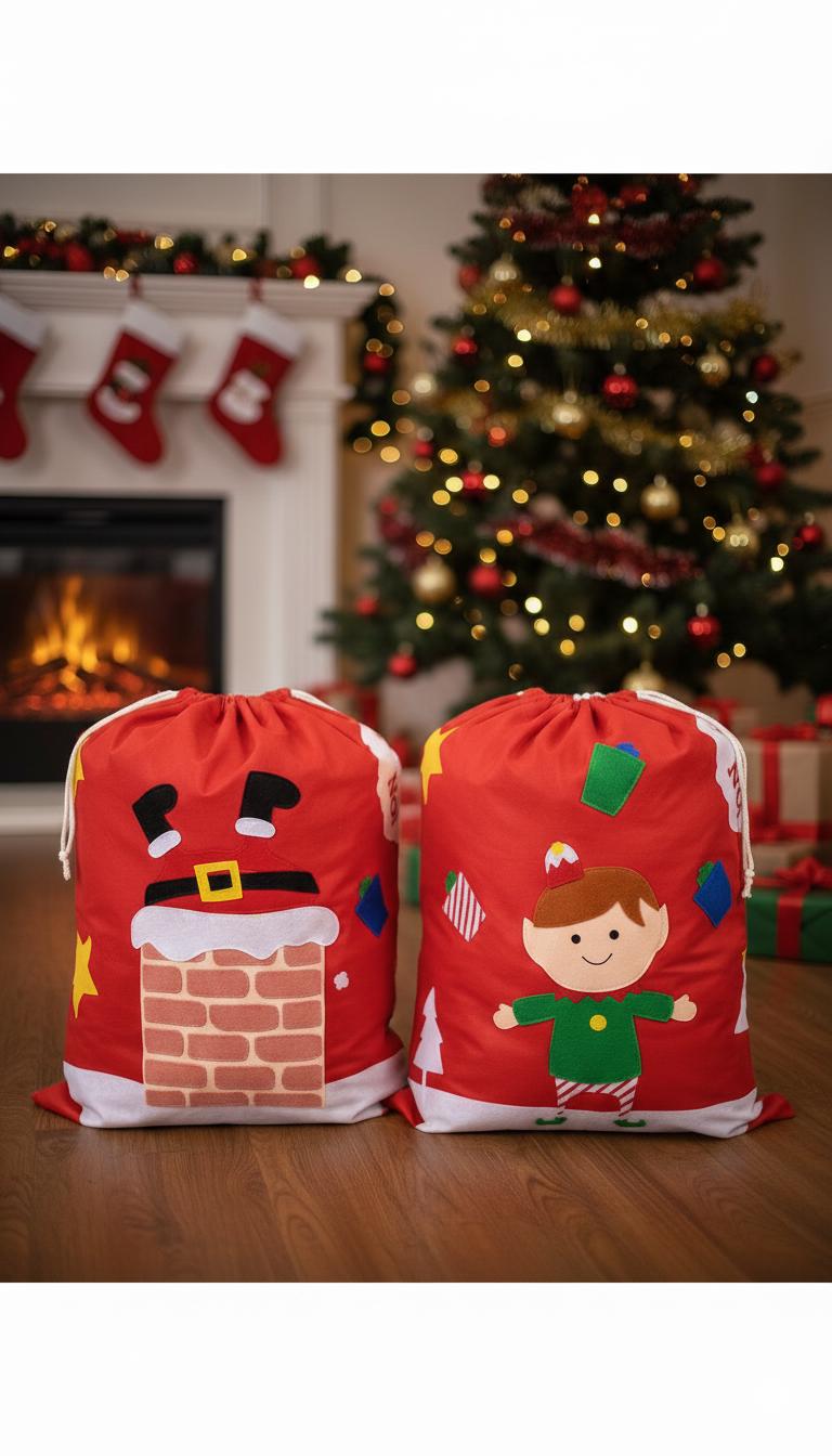 Jumbo Santa Sack, Kids Elf Santa Extra Large Fabric Christmas Present ...