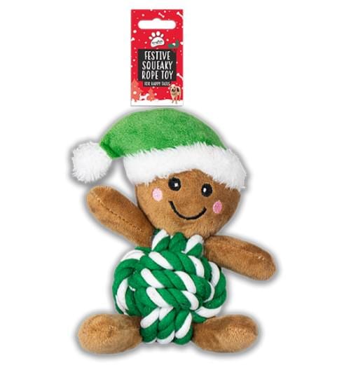 Rope Plush Dog Toy, Gingerbread Man, Festive Holiday Squeaker Toy Dogs ...