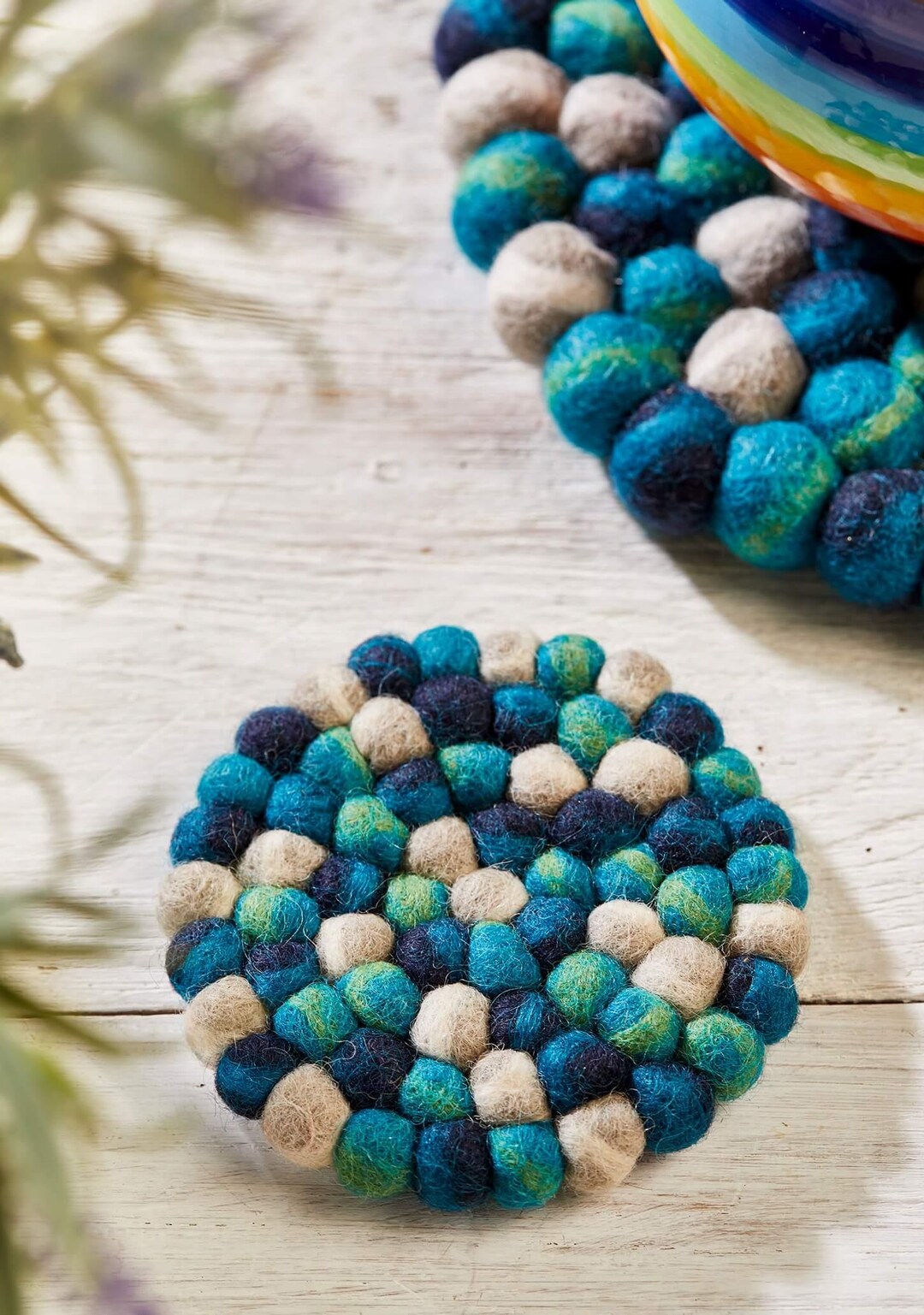 Set of 4 Coasters in Blue, Felt Ball, Round Coasters, Coasters Set ...