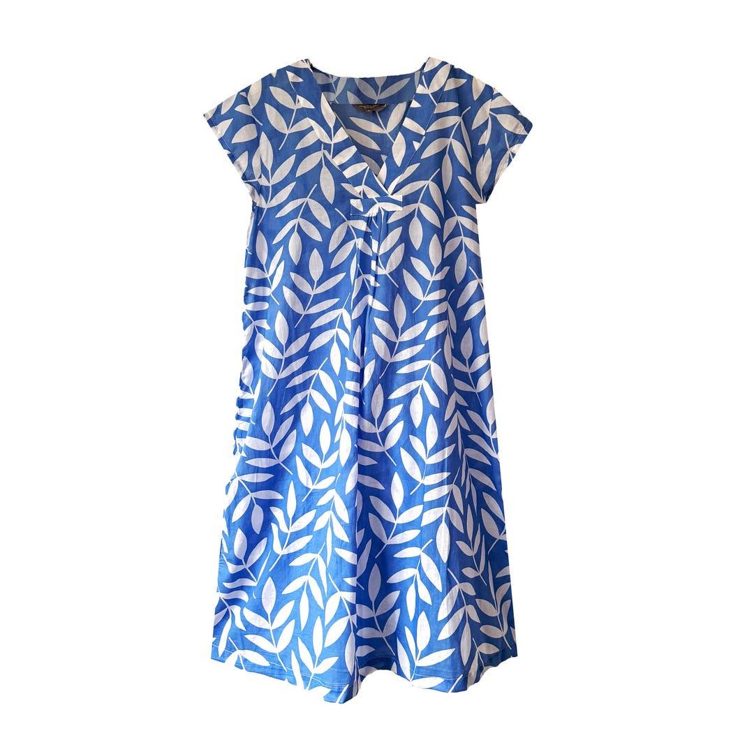 Large Leaf Cornish Blue Audrey Shift Dress, Nightdress Soft Cotton ...