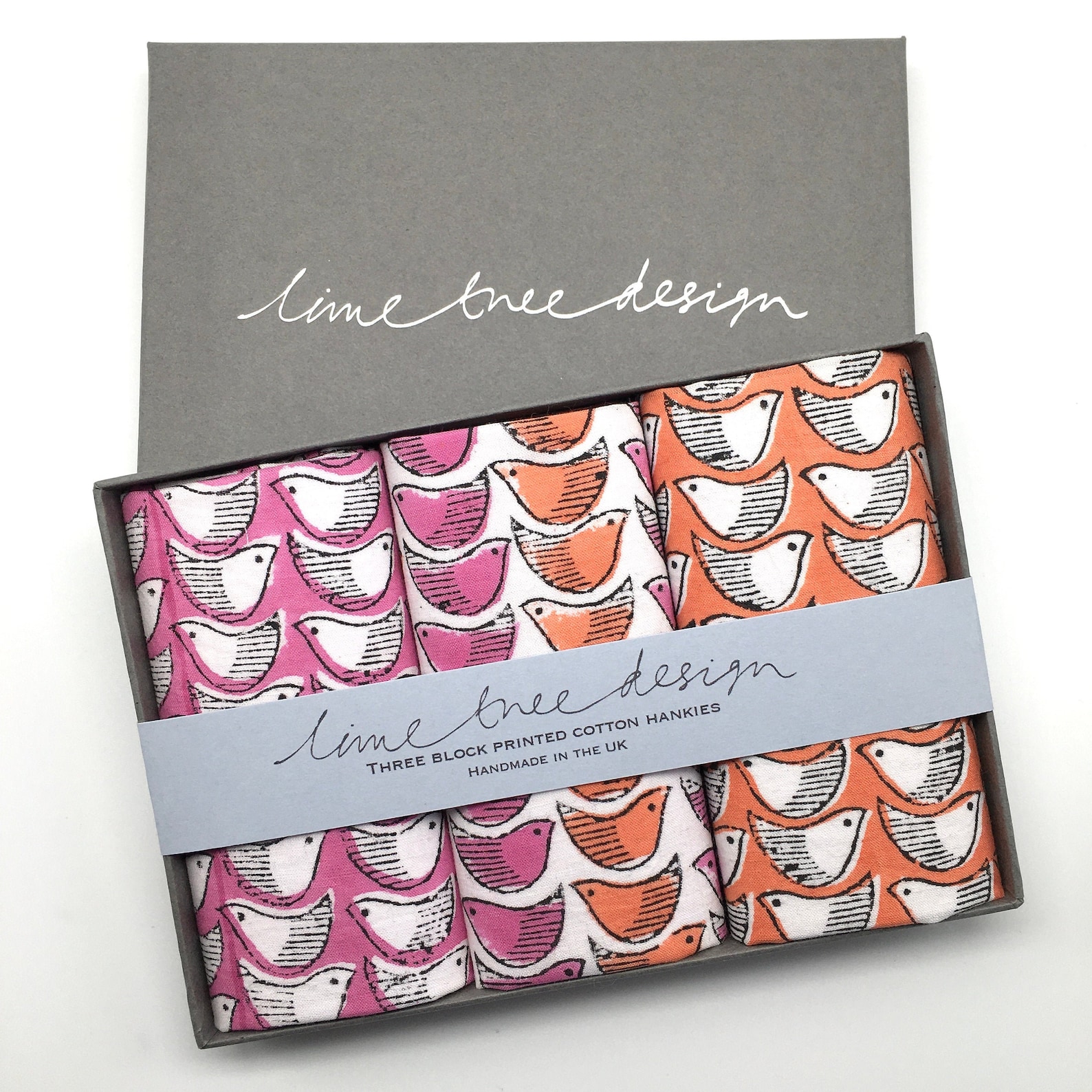 3 Block Printed Hankies in a Gift Box Pink and Orange Birds | Etsy