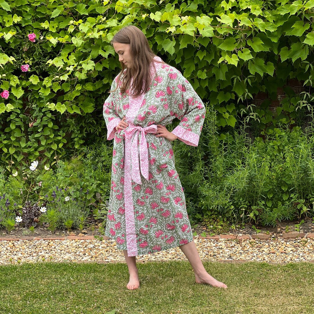 Pink and Green Kimono Robe, Long Kimono, Bridal Party Robe, Cotton ...