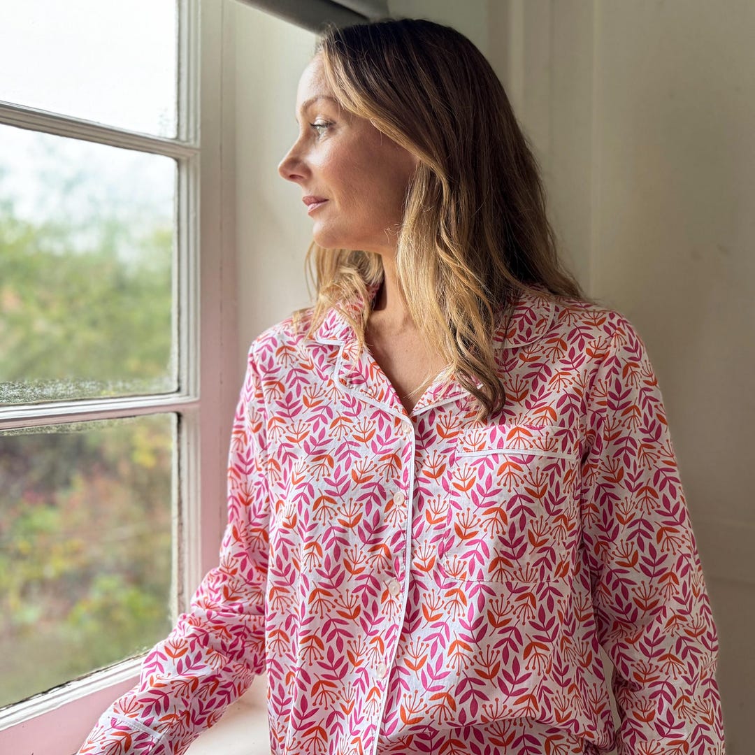 Magenta and Orange Leaf Cotton Pajama Set, Bridesmaid Pyjamas, Pjs ...