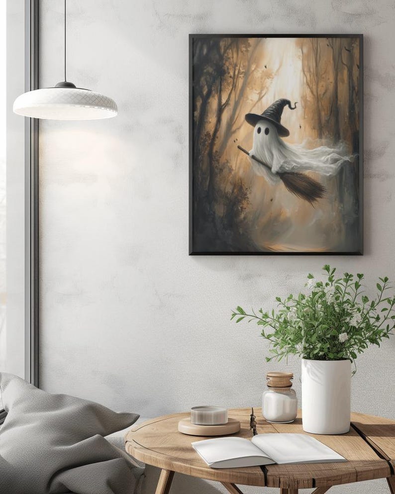 Baby Ghost Riding Broom Halloween Print: Spooky Wall Art (digital ...
