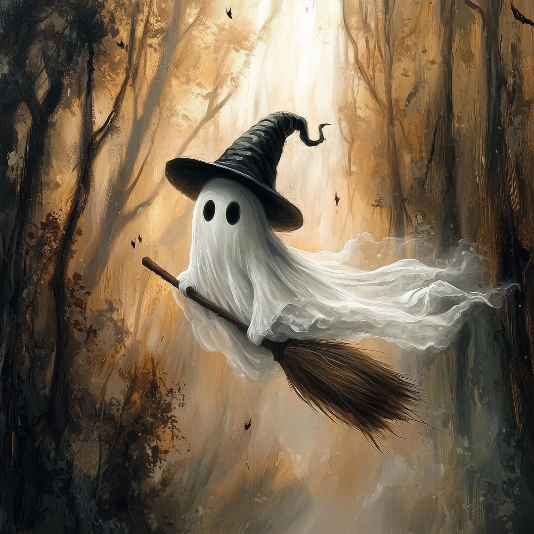 Baby Ghost Riding a Broom Print | Ghost Poster | Halloween Wall Art ...