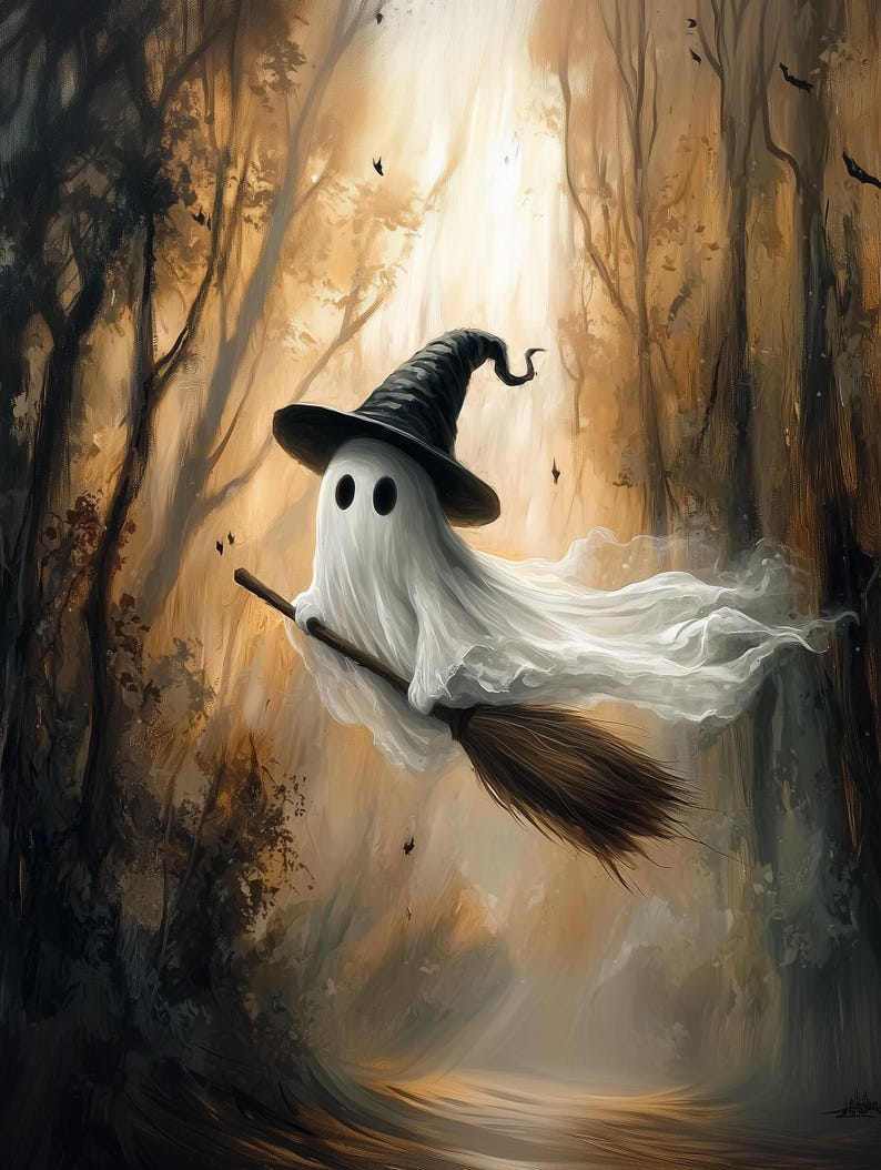 Baby Ghost Riding a Broom Print Ghost Poster Halloween Wall Art ...