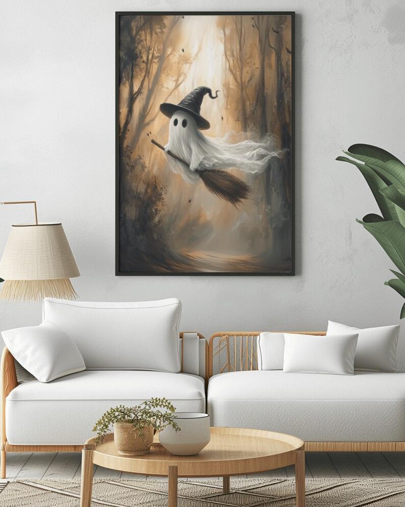 Baby Ghost Riding Broom Halloween Print: Spooky Wall Art (digital ...