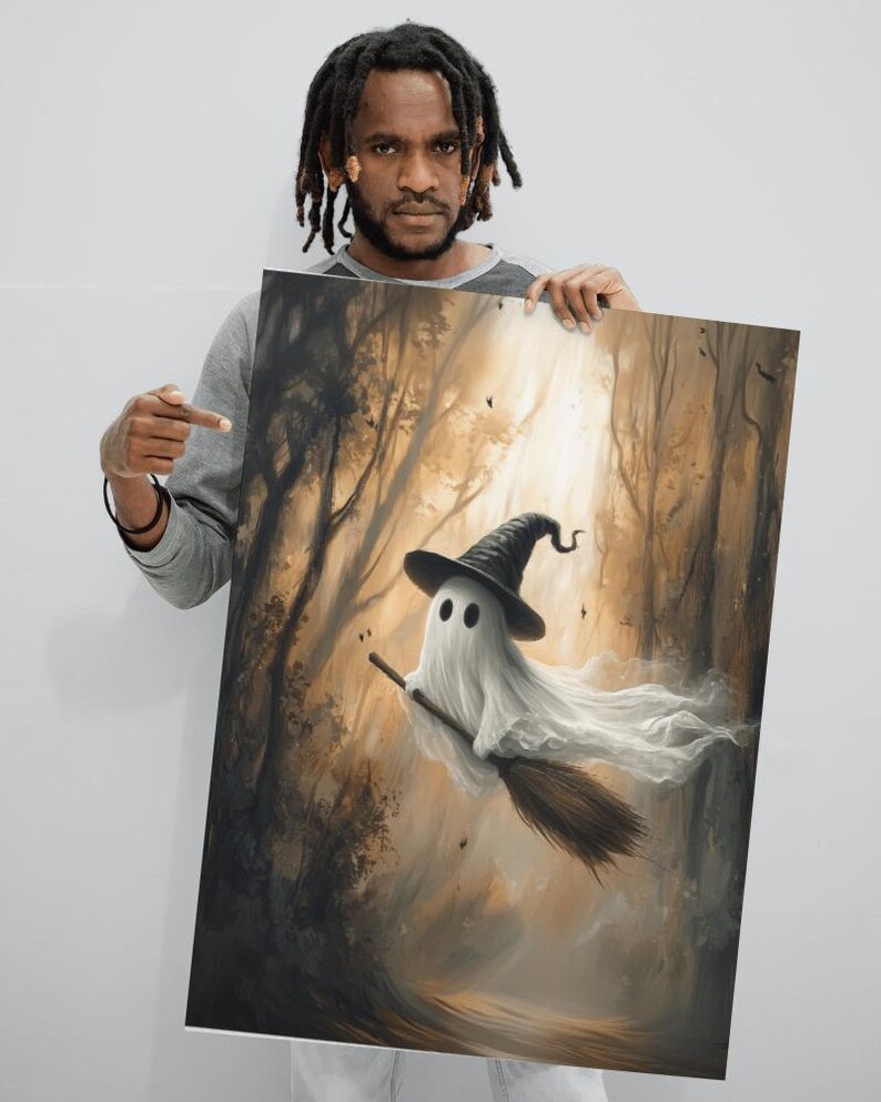 Baby Ghost Riding a Broom Print Ghost Poster Halloween Wall Art ...