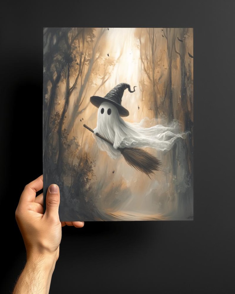 Baby Ghost Riding Broom Halloween Print: Spooky Wall Art (digital ...