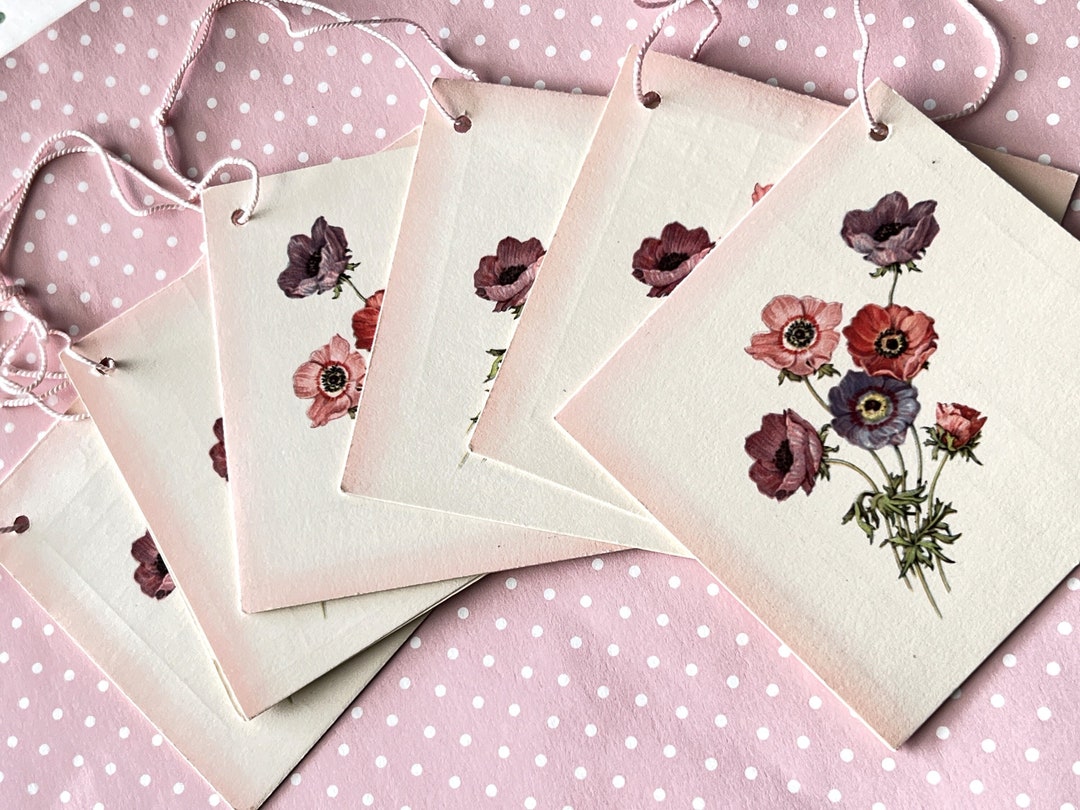 6 Vintage Bridge Tallies Antique Floral Flowers Anemone Ombre Pink ...