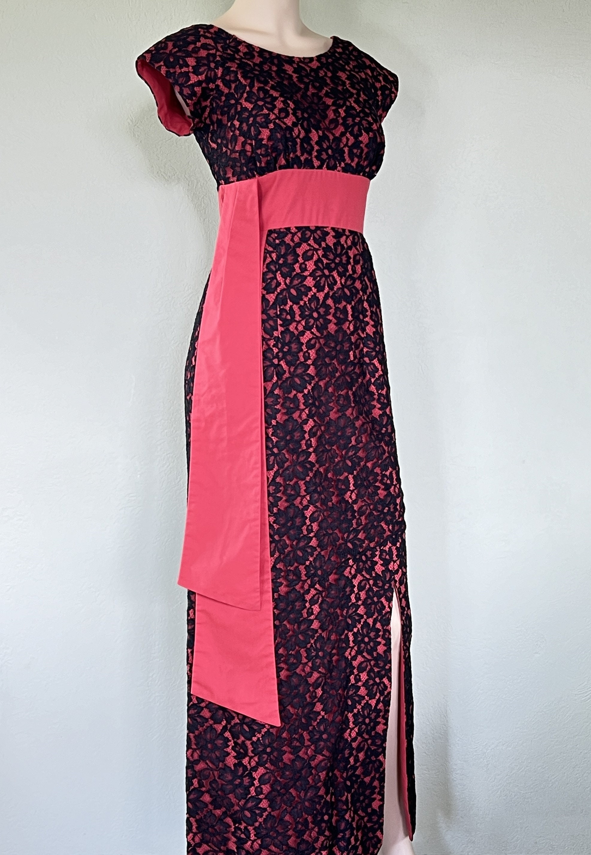 Vintage Nani of Hawaii Column Dress Gown Watermelon Red Black Lace ...