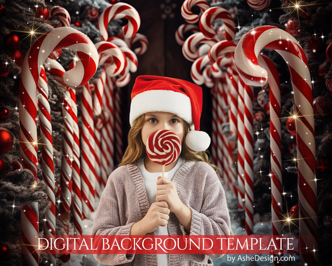 Candy Cane Christmas Backdrop Photoshop Template, Simply Add Your Photo ...