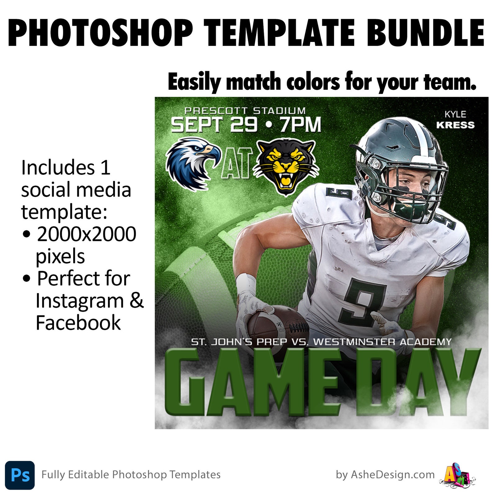 Photoshop Football PSD Template Bundle Includes 2x3 Senior Banner, 8x10 ...