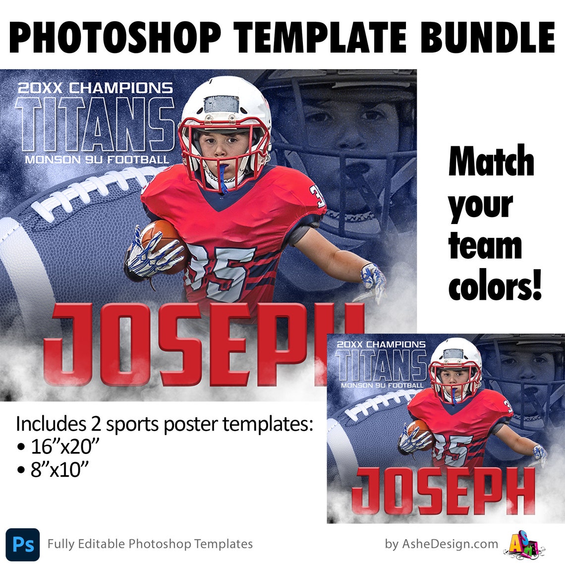Photoshop Football PSD Template Bundle Includes 2x3 Senior Banner, 8x10 ...