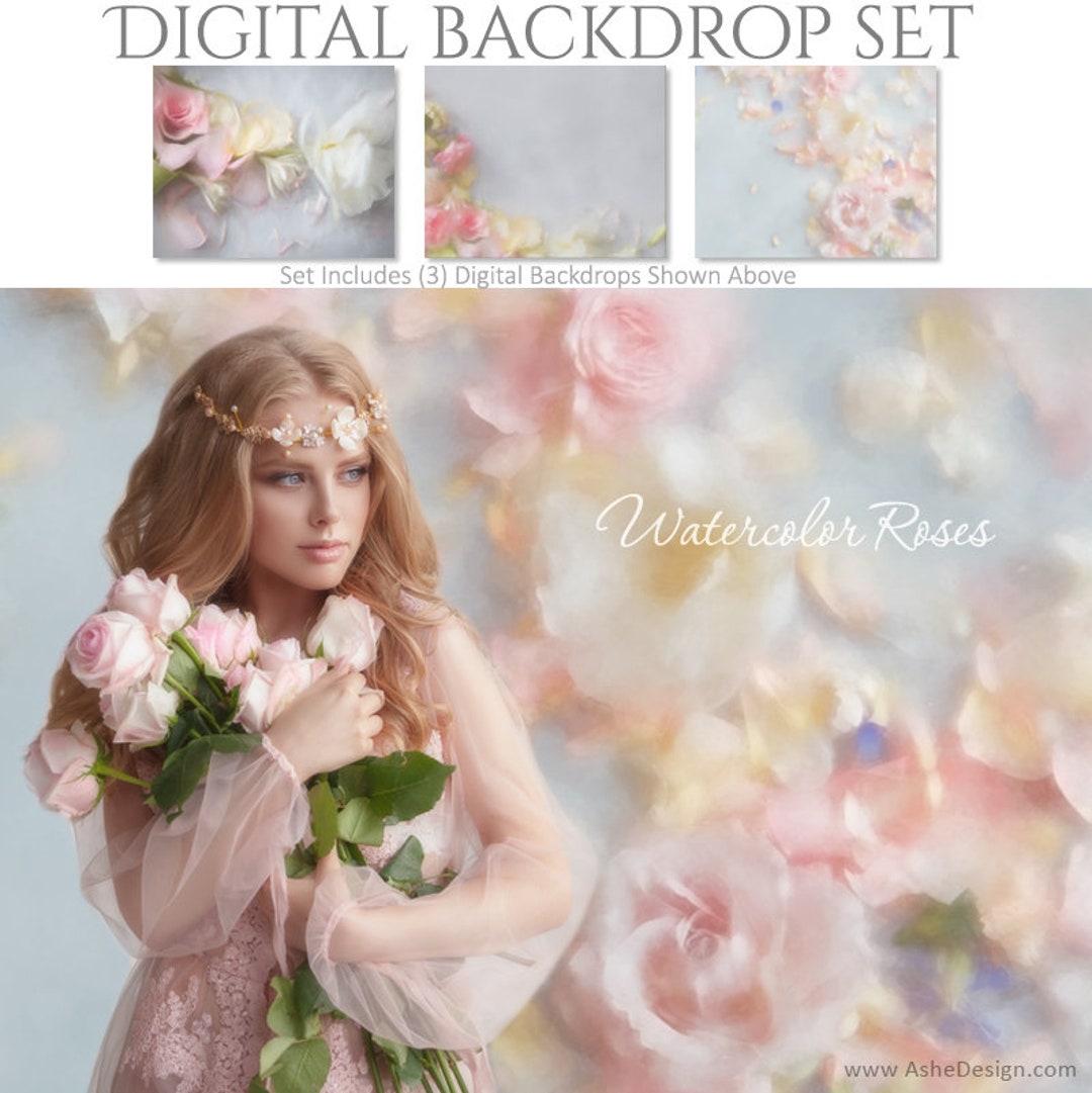 DIGITAL Photography Backdrop Set - Watercolor Roses - (3) 16x20 Large ...