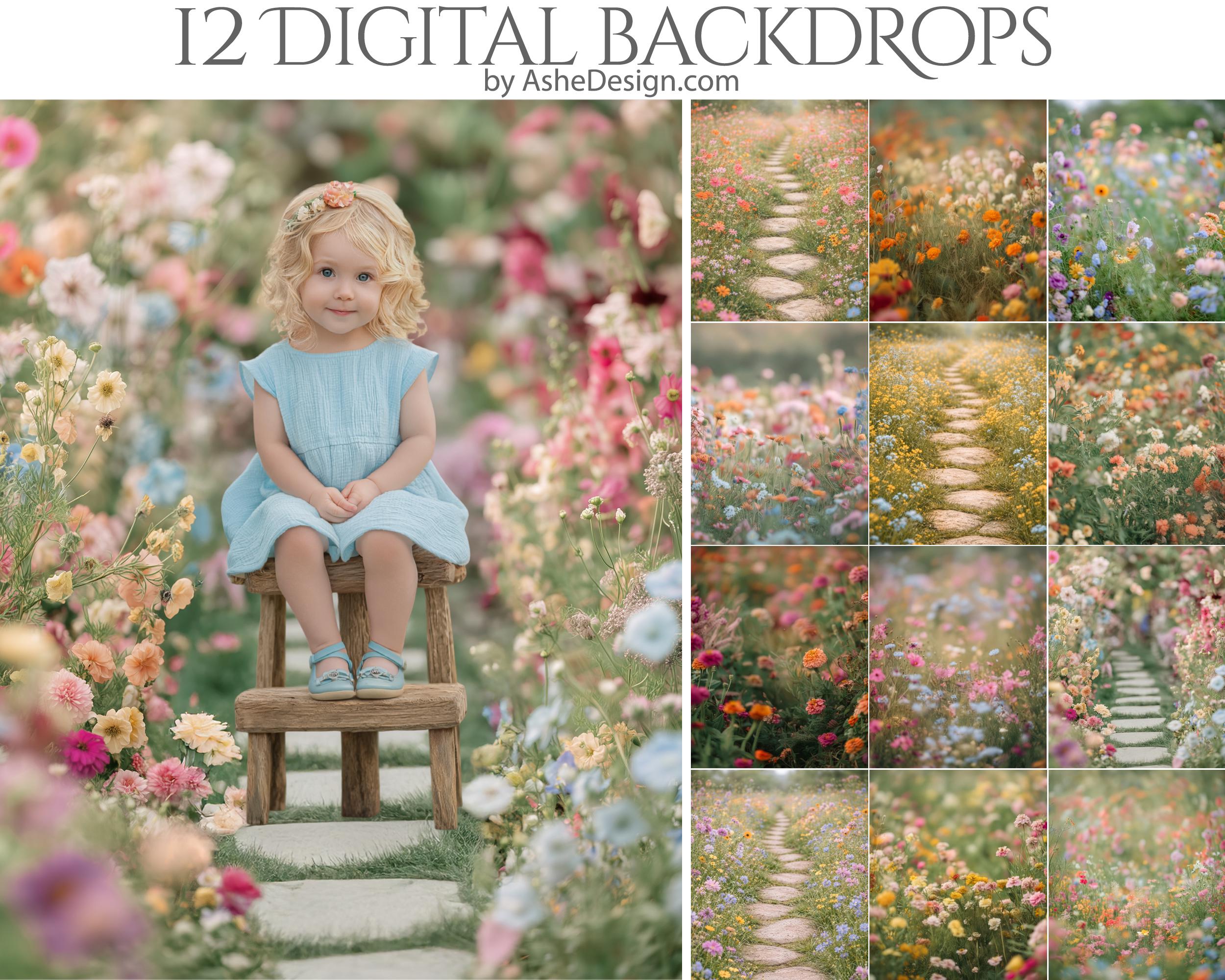 12 Spring Flower Fields Digital Photography Backdrops, Wildflower ...