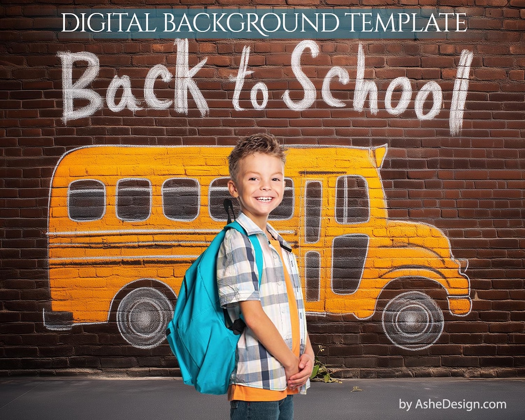 Brick School Bus Digital Photography Backdrop, Photoshop Template ...