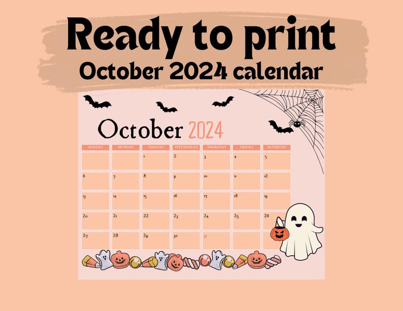 October Printable Calendar, Digital Download, Halloween Planner, Fall ...