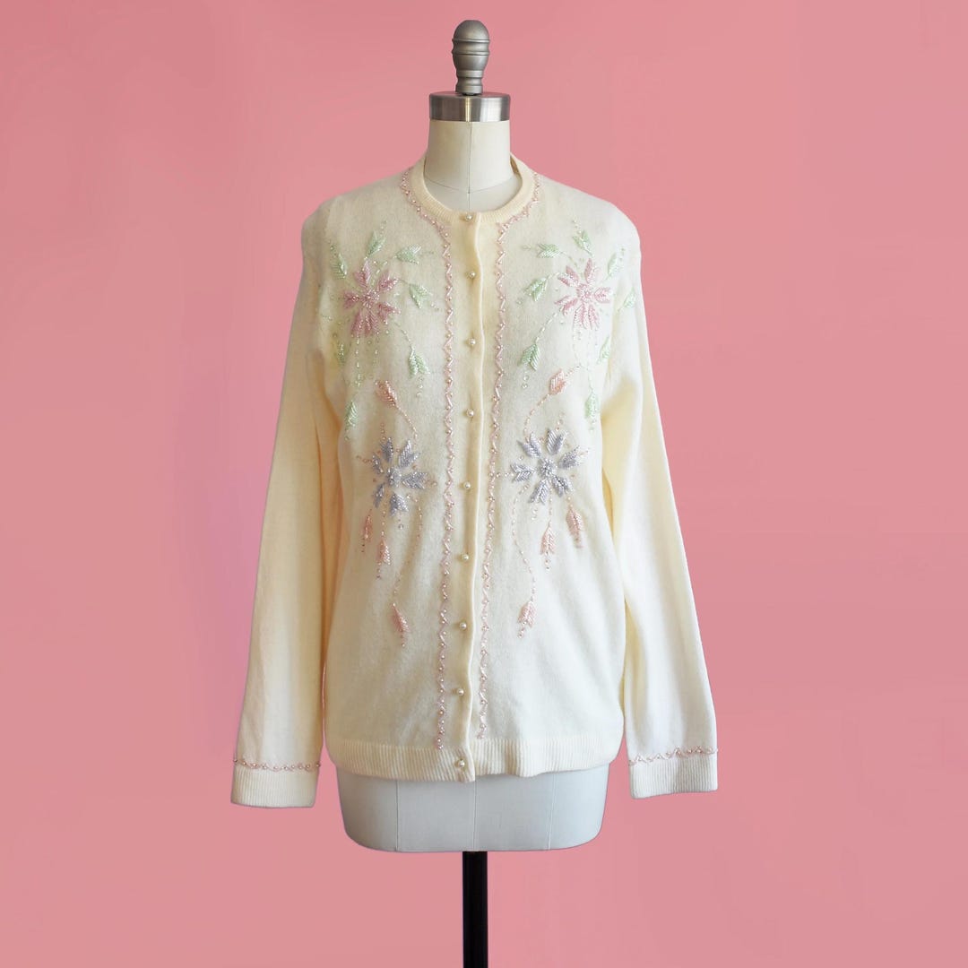 60s Beaded Floral Cardigan, Vintage 1960s Cream Angora Wool Cardigan ...