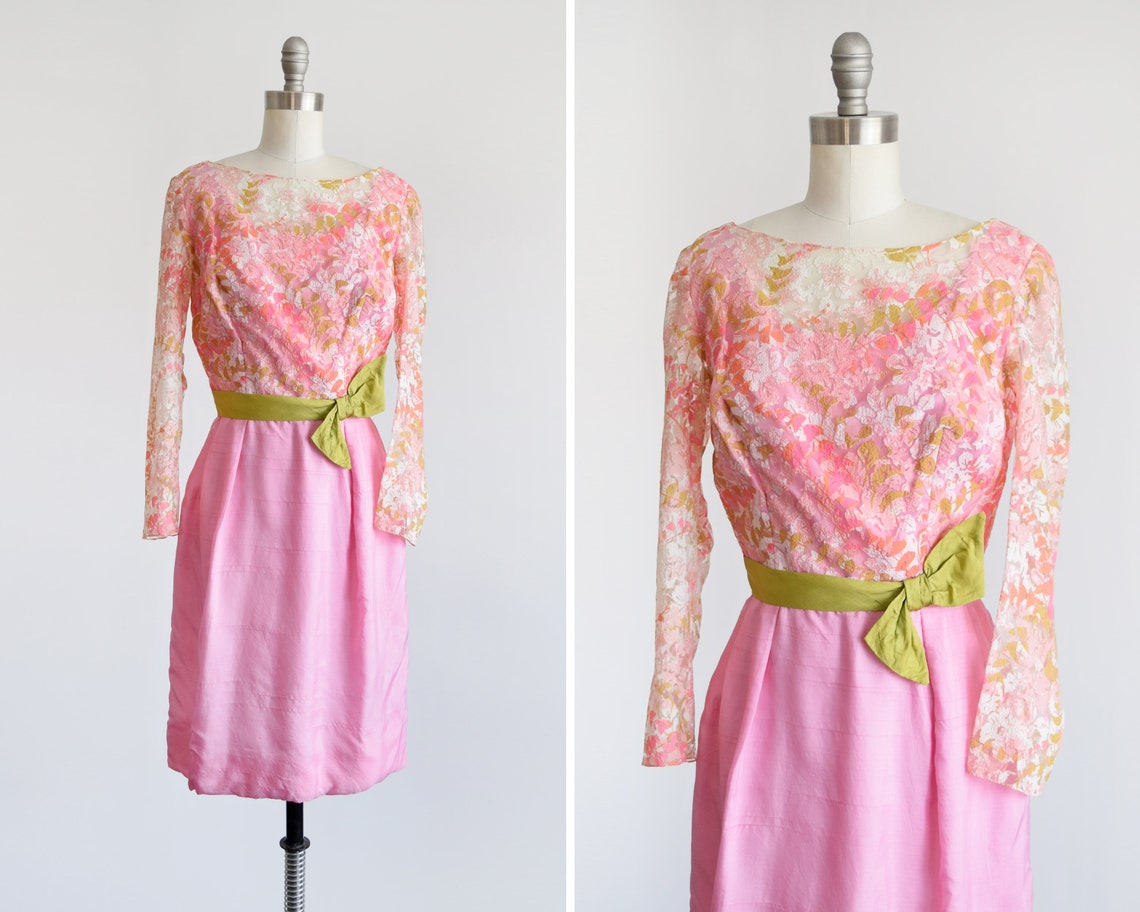 60s Pink Party Dress Vintage 1960s Dress Pink & Green Floral | Etsy