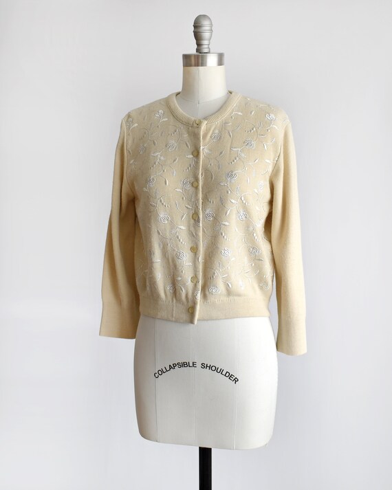 60s Embroidered Floral Cardigan, Vintage 1960s Ecru S… - Gem