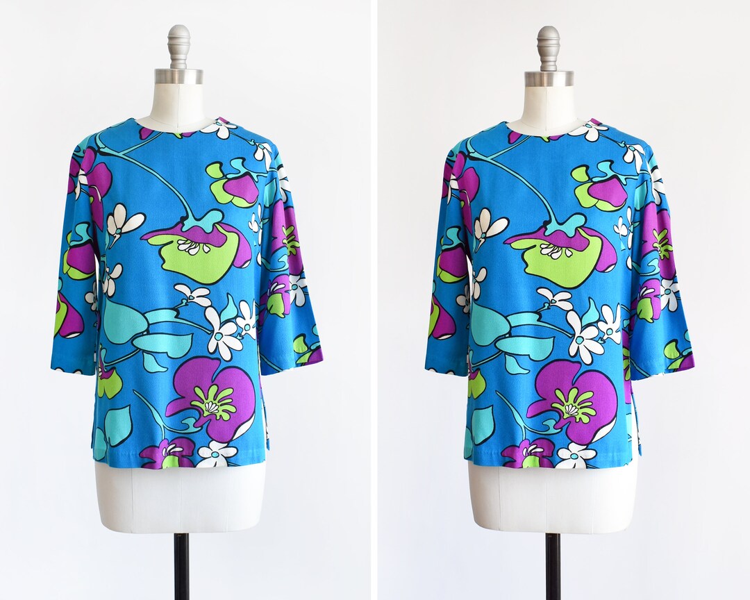 60s Hawaiian Floral Blouse, Vintage 1970s Blue & Purple Flower Power ...