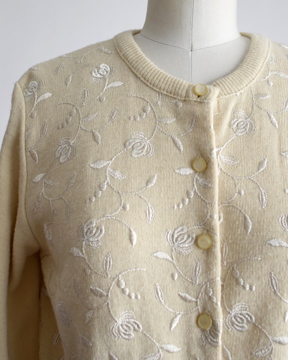 60s Embroidered Floral Cardigan, Vintage 1960s Ecru S… - Gem