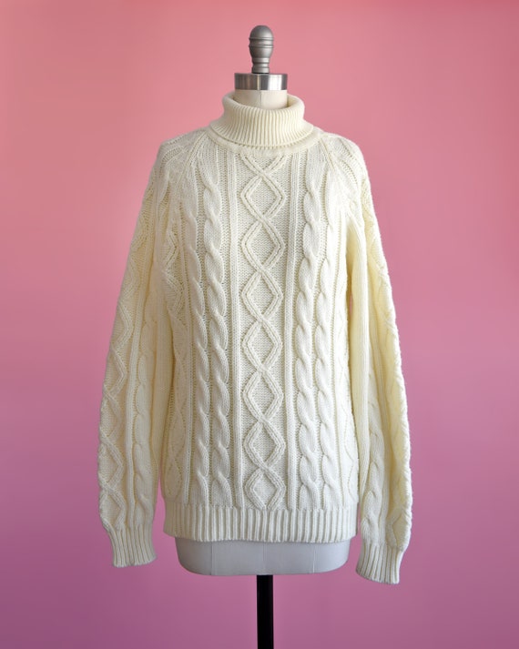 Vintage Cable Knit Turtleneck Sweater, Cream White Fi… - Gem