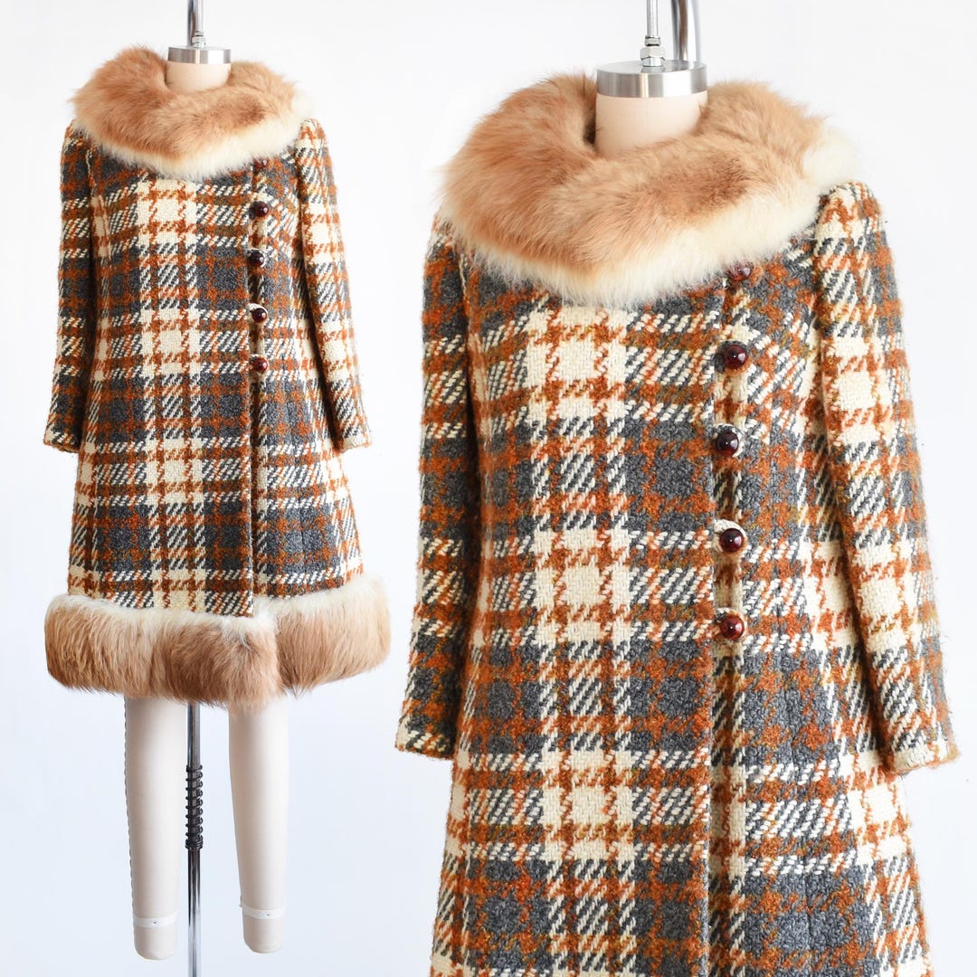 Vintage 1960s Plaid Wool Coat W/ Guanaco Fur Trim Small Medium - Etsy