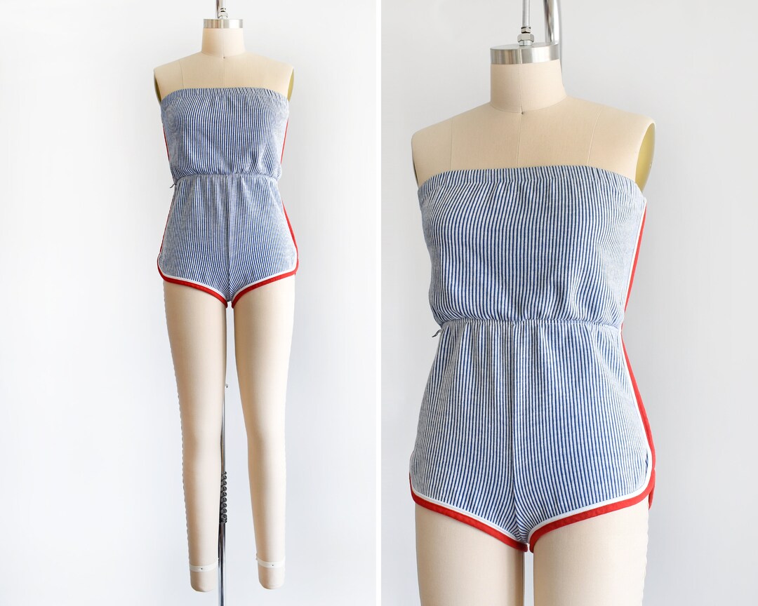 70s Blue & Red Striped Terry Cloth Romper, Vintage 1970s Playsuit ...