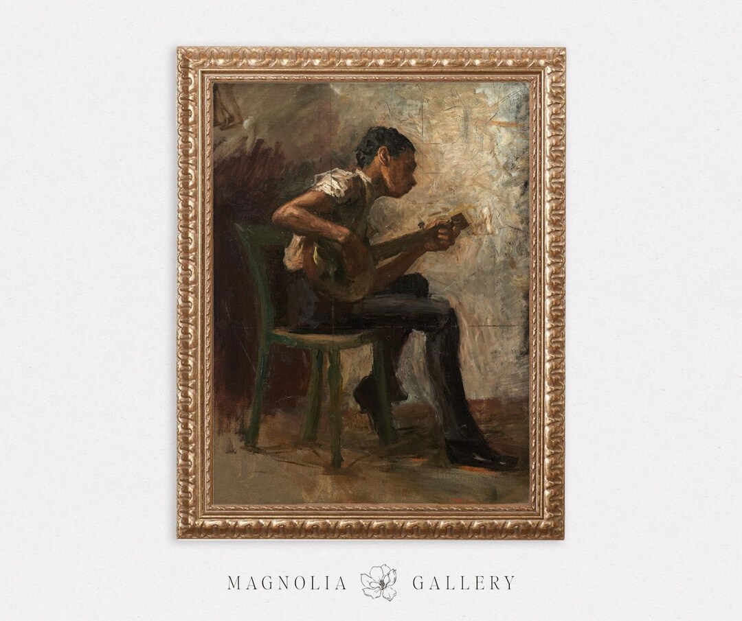 Study of a Banjo Player | Moody Male Guitar Portrait | Vintage Oil ...
