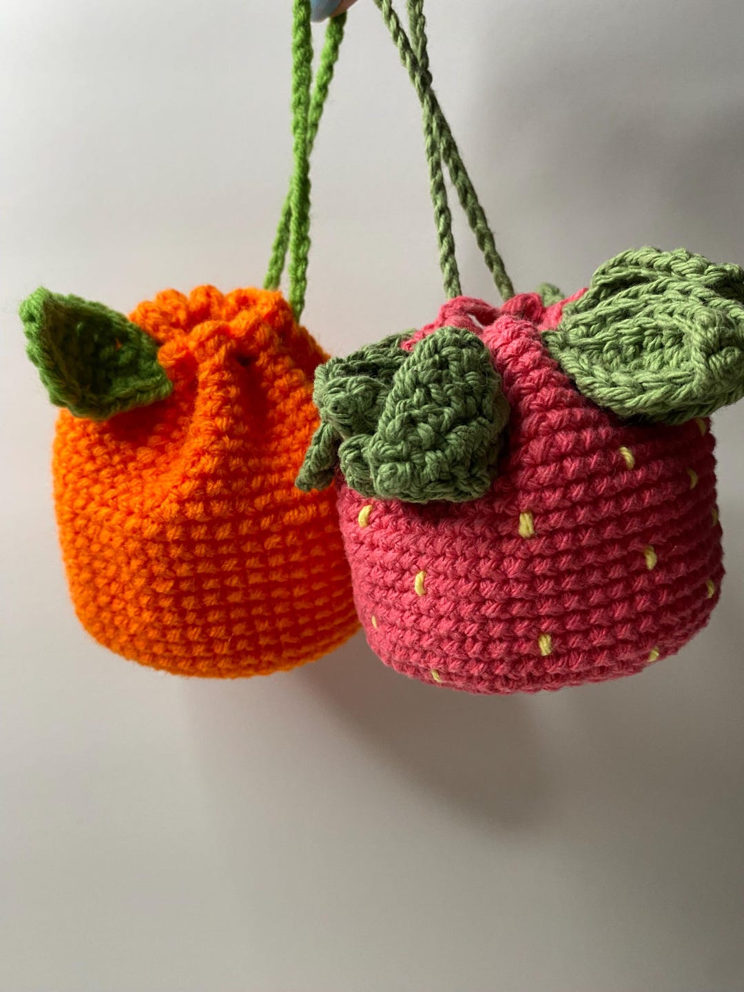 Fruit Drawstring Pouch, Crochet Pouch, Orange Pouch, Pink Strawberry ...