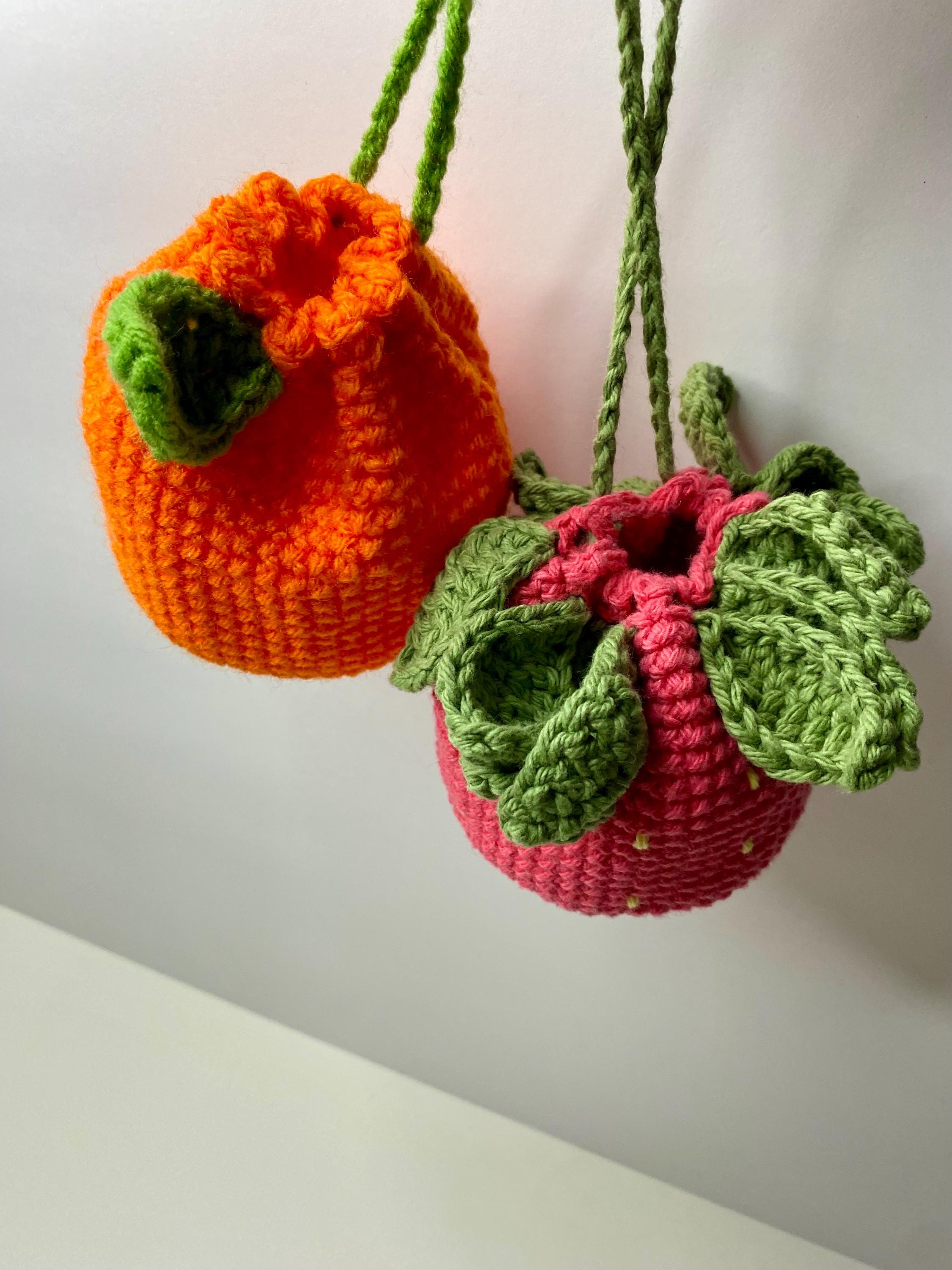 Fruit Drawstring Pouch, Crochet Pouch, Orange Pouch, Pink Strawberry ...