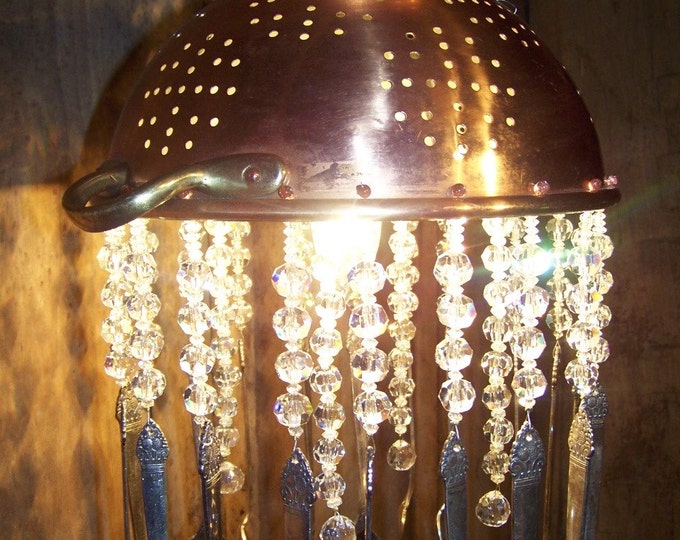 Gorgeous and Unique Upcycled Copper and Crystal Colander Chandelier ...