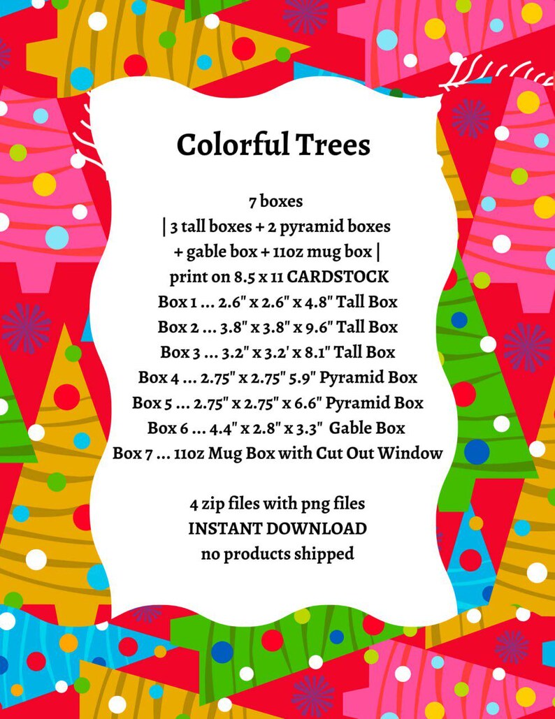 PRINTABLE Gift Boxes 7 Pack Colorful Trees CHRISTMAS Fun and Whimsical ...