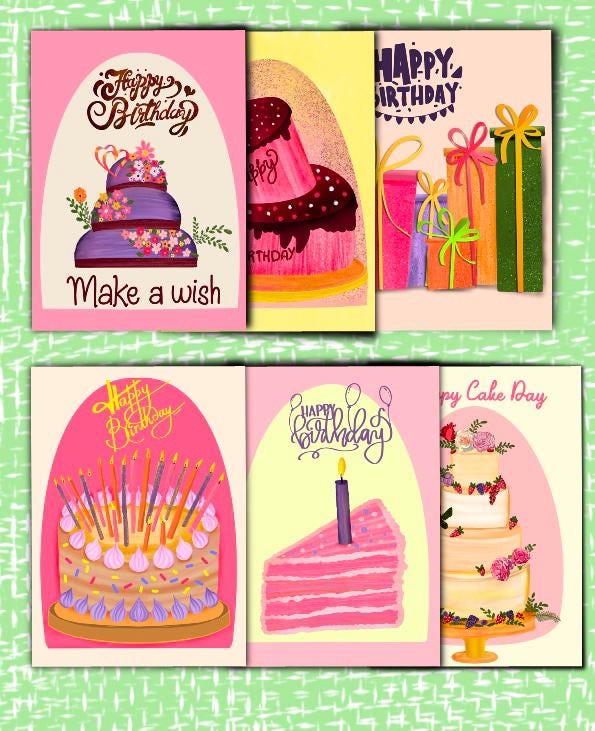 Printable Birthday Greeting Cards Bundle With Cake Theme - Etsy